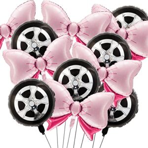 12 pieces burnouts or bow foil balloons black car wheel balloons gender reveal balloon pink polka dots bow balloon foil balloons for baby shower gender reveal wedding birthday party decoration