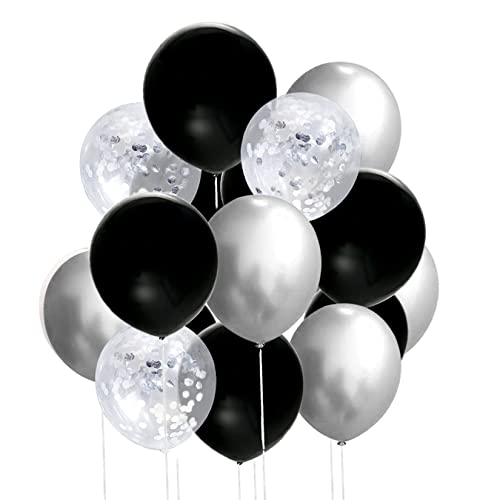 50 Pcs 12 Inches Black and Silver Balloons, Silver Confetti Balloons, Black and Silver Metallic Chrome Balloons, Black and Silver Birthday Party Decorations, New Years Eve Party Decorations