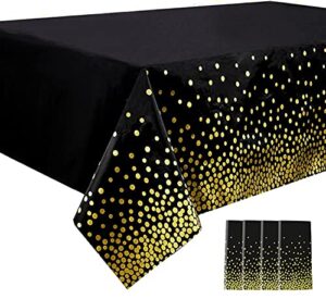 4 pack black disposable plastic tablecloths 54×108 inch rectangle table cover with gold dot confetti for graduation, birthday and cocktail party anniversary event