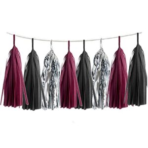 15pcs burgundy black silver grad party decoration maroon graduation tissue paper tassel garland banner party streamer backdrop birthday wedding bridal shower decor