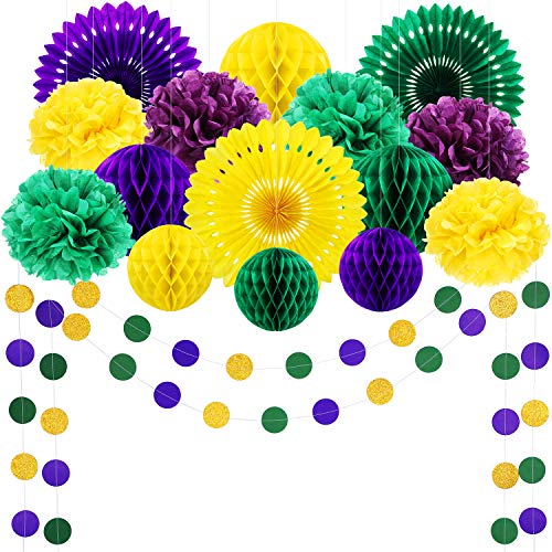 17 Pieces Gold Purple Green Party Decoration Kit Includes Honeycomb Balls Pom Poms Paper Flower Hanging Paper Fans Glitter Circle Garlands Banner for Mardi Gras Birthday Wedding Party Decoration