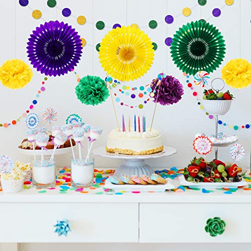 17 Pieces Gold Purple Green Party Decoration Kit Includes Honeycomb Balls Pom Poms Paper Flower Hanging Paper Fans Glitter Circle Garlands Banner for Mardi Gras Birthday Wedding Party Decoration