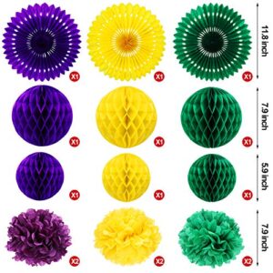 17 Pieces Gold Purple Green Party Decoration Kit Includes Honeycomb Balls Pom Poms Paper Flower Hanging Paper Fans Glitter Circle Garlands Banner for Mardi Gras Birthday Wedding Party Decoration