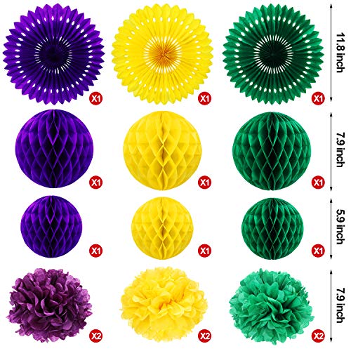 17 Pieces Gold Purple Green Party Decoration Kit Includes Honeycomb Balls Pom Poms Paper Flower Hanging Paper Fans Glitter Circle Garlands Banner for Mardi Gras Birthday Wedding Party Decoration