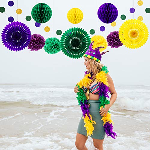 17 Pieces Gold Purple Green Party Decoration Kit Includes Honeycomb Balls Pom Poms Paper Flower Hanging Paper Fans Glitter Circle Garlands Banner for Mardi Gras Birthday Wedding Party Decoration