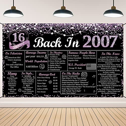 Vlipoeasn Sweet 16 Birthday Decorations for Girls, Purple and Black Glitter Back in 2007 Birthday Backdrop Banner, 70.86 x 43.3Inch Pink 16 Years Old Party Poster Supplies