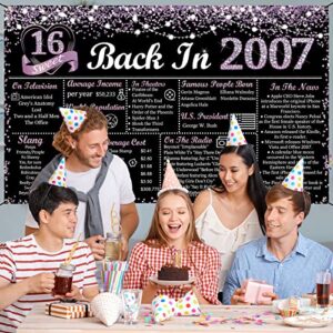 Vlipoeasn Sweet 16 Birthday Decorations for Girls, Purple and Black Glitter Back in 2007 Birthday Backdrop Banner, 70.86 x 43.3Inch Pink 16 Years Old Party Poster Supplies