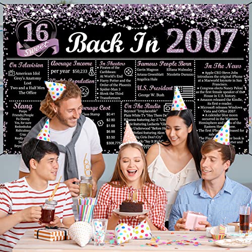 Vlipoeasn Sweet 16 Birthday Decorations for Girls, Purple and Black Glitter Back in 2007 Birthday Backdrop Banner, 70.86 x 43.3Inch Pink 16 Years Old Party Poster Supplies