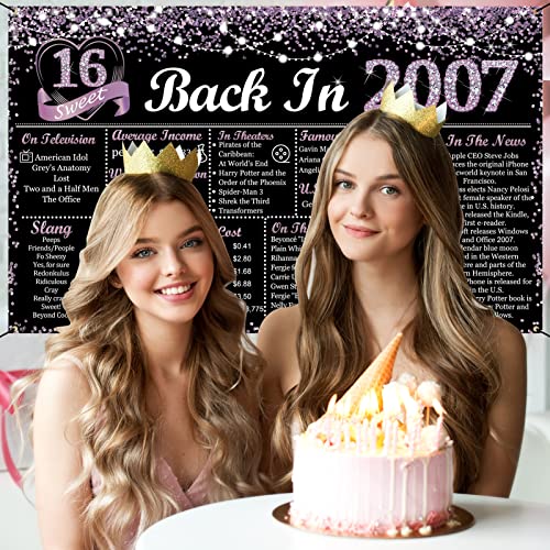 Vlipoeasn Sweet 16 Birthday Decorations for Girls, Purple and Black Glitter Back in 2007 Birthday Backdrop Banner, 70.86 x 43.3Inch Pink 16 Years Old Party Poster Supplies