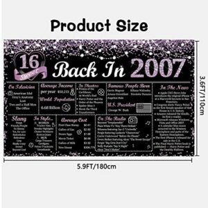 Vlipoeasn Sweet 16 Birthday Decorations for Girls, Purple and Black Glitter Back in 2007 Birthday Backdrop Banner, 70.86 x 43.3Inch Pink 16 Years Old Party Poster Supplies