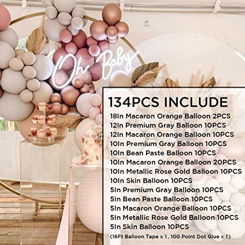 Macaron Orange Balloon Arch Kit 134PCS 18In 12In 10In 5In Premium Gray Bean Paste Skin Metallic Rose Gold Balloon Garland Kit For Festival Picnic Family Engagement,Wedding, Birthday Party,Orange Theme Anniversary Celebration.