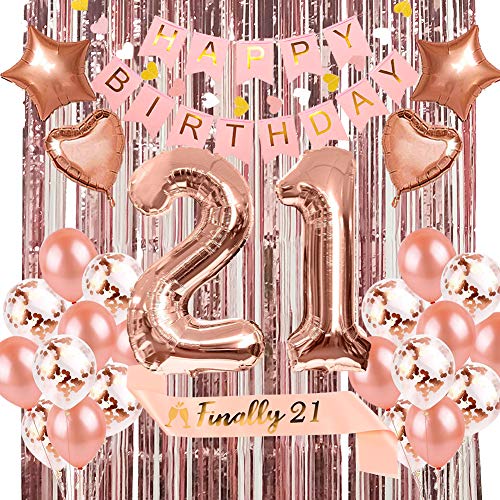 21st Birthday Decorations Party Supplies Kit for Her Include Finally 21st Birthday Sash, Birthday Banner, Number 21 Birthday Balloons, Rose Gold Curtain, Heart & Star Foil Balloon, Latex Balloons