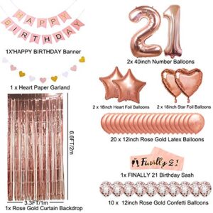 21st Birthday Decorations Party Supplies Kit for Her Include Finally 21st Birthday Sash, Birthday Banner, Number 21 Birthday Balloons, Rose Gold Curtain, Heart & Star Foil Balloon, Latex Balloons