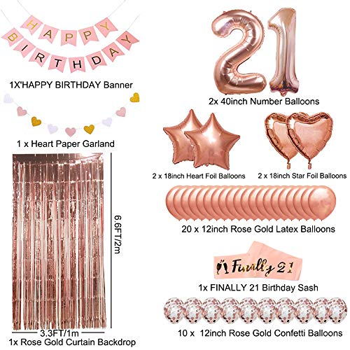 21st Birthday Decorations Party Supplies Kit for Her Include Finally 21st Birthday Sash, Birthday Banner, Number 21 Birthday Balloons, Rose Gold Curtain, Heart & Star Foil Balloon, Latex Balloons