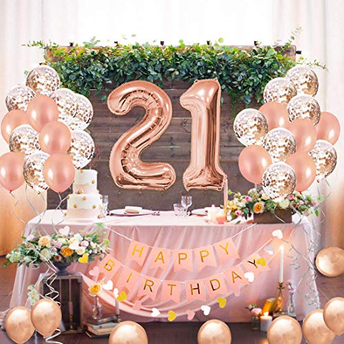 21st Birthday Decorations Party Supplies Kit for Her Include Finally 21st Birthday Sash, Birthday Banner, Number 21 Birthday Balloons, Rose Gold Curtain, Heart & Star Foil Balloon, Latex Balloons