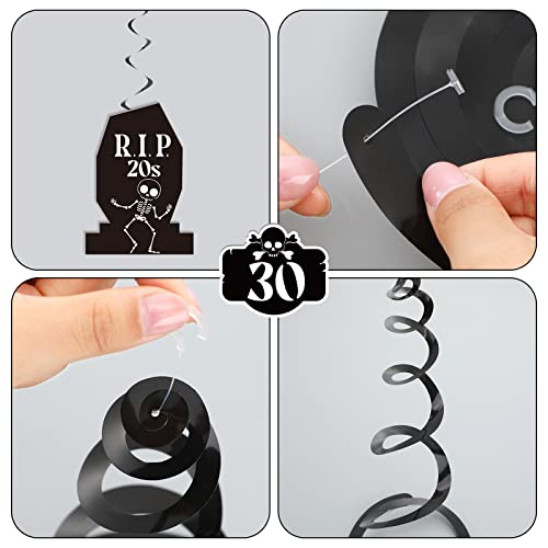 30 Pcs Death to My Twenties Birthday Decorations Rip to My 20s Birthday Hanging Decorations Death to My 20s Decorations Foil Swirls Black 30th Ceiling Hanging Swirl for Men Women 30th Birthday Party