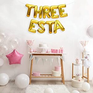 PartyForever Gold Three Esta Foil Balloon Banner Fiesta Themed 3rd Birthday Party Decoration and Supplies