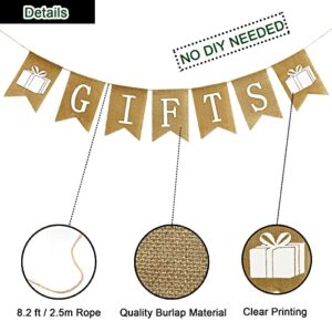 Burlap Gifts Banner - Rustic Gifts Sign for Baby Shower, Bridal Shower, Birthday, Wedding Gift Table Decorations - Country Theme Gift Table Decor Idea - Large Size, 7 x 5 Inches