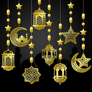 24 pcs ramadan garland eid decoration streamer ramadan mubarak party banner star moon lantern streamer backdrop shining hanging wall decorations for home wedding birthday islam party decor (gold)