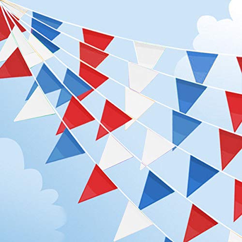 July 4th Fourth Party Decorations 131feet Red Blue and White Triangular Fabric Outdoor Pennant Banner, Fourth of July Bunting Flags Events Decoration for Independence Day