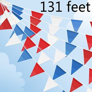 July 4th Fourth Party Decorations 131feet Red Blue and White Triangular Fabric Outdoor Pennant Banner, Fourth of July Bunting Flags Events Decoration for Independence Day