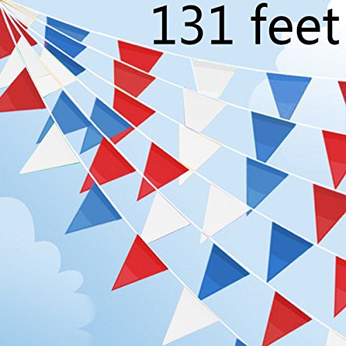 July 4th Fourth Party Decorations 131feet Red Blue and White Triangular Fabric Outdoor Pennant Banner, Fourth of July Bunting Flags Events Decoration for Independence Day