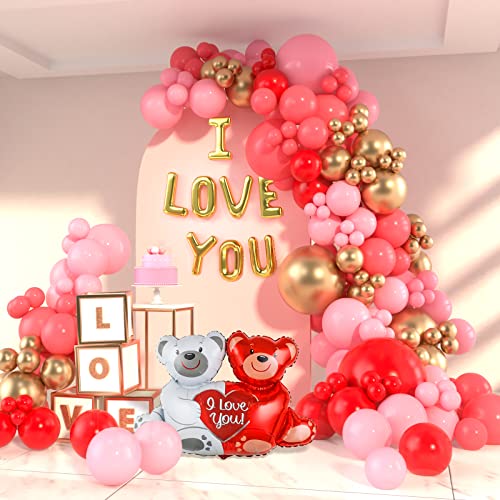 Valentines Day Balloons Arch Kit for Home, I Love You Balloons, Red Metallic Gold Pink Valentines Balloons Garland Arch Kit for Engagement Anniversary Romantic Decorations Special Night