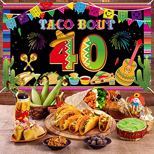 Taco Bout 40th Birthday Banner Backdrop Decorations for Men Women, Happy 40 Fiesta Mexican Cactus Birthday Party Supplies, Fiesta Mexican Theme 40 Year Old Poster Background Photo Booth Props Decor