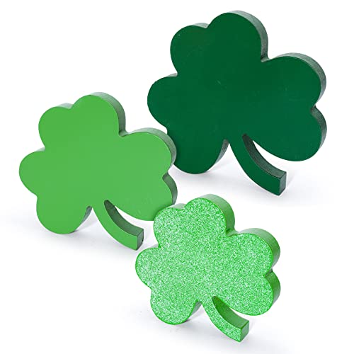 Whaline 3Pcs St. Patrick's Day Wooden Signs Glitter Green Shamrock Table Ornaments Lucky Clover Table Centerpieces Irish Holiday Decorative Table Centerpieces for Home Fireplace Tiered Tray Decor