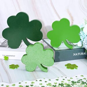 Whaline 3Pcs St. Patrick's Day Wooden Signs Glitter Green Shamrock Table Ornaments Lucky Clover Table Centerpieces Irish Holiday Decorative Table Centerpieces for Home Fireplace Tiered Tray Decor