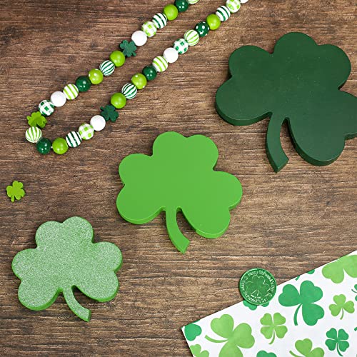 Whaline 3Pcs St. Patrick's Day Wooden Signs Glitter Green Shamrock Table Ornaments Lucky Clover Table Centerpieces Irish Holiday Decorative Table Centerpieces for Home Fireplace Tiered Tray Decor