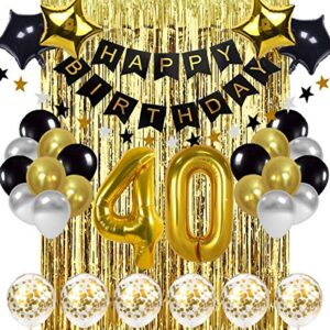 black and gold 40th birthday decorations banner balloon, happy birthday banner, 40th gold foil balloons, number 40 birthday balloons, 40 years old birthday decoration supplies