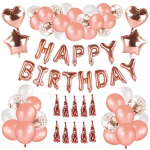 birthday decorations party balloons banner – 72 pcs rose pink confetti heart star foil happy birthday balloon backdrop supplies with tassels flowers for women girls kids baby