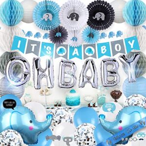 pgnart baby shower decorations for boy table decorations blue centerpiece sticks photo props it’s a boy banner oh baby balloon mom to be sash backdrop lanterns honeycomb fan poms white grey silver kit