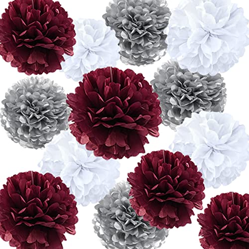 Decorations 2022 Maroon Graduation/Burgundy Silver White Birthday Decorations for Women 40th/50th Birthday 12 Tissue Paper Pom Poms Maroon Burgundy Silver Wedding/Bridal Shower Retirement Decorations