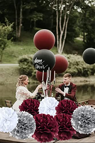 Decorations 2022 Maroon Graduation/Burgundy Silver White Birthday Decorations for Women 40th/50th Birthday 12 Tissue Paper Pom Poms Maroon Burgundy Silver Wedding/Bridal Shower Retirement Decorations