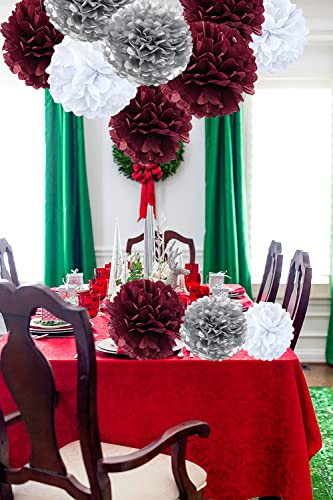 Decorations 2022 Maroon Graduation/Burgundy Silver White Birthday Decorations for Women 40th/50th Birthday 12 Tissue Paper Pom Poms Maroon Burgundy Silver Wedding/Bridal Shower Retirement Decorations