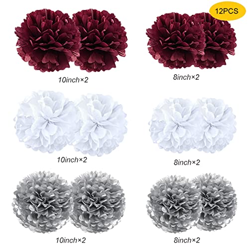 Decorations 2022 Maroon Graduation/Burgundy Silver White Birthday Decorations for Women 40th/50th Birthday 12 Tissue Paper Pom Poms Maroon Burgundy Silver Wedding/Bridal Shower Retirement Decorations