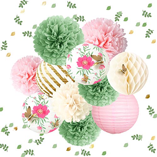 NICROLANDEE 12PCS Green Pink Blooms Tissue Pom Poms Paper Lantern 3D Gold Confetti 50G for Garden Birthday, Fairy Party, Butterfly Baby Shower, Wedding, Holiday, Easte Party, Spring Decor