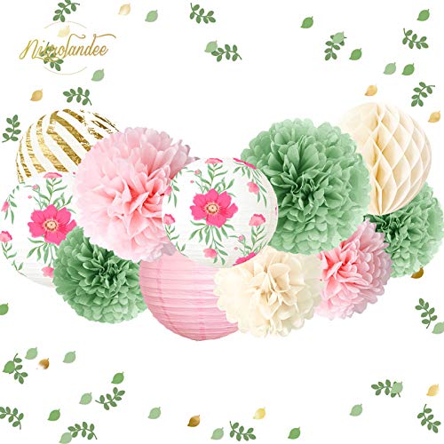 NICROLANDEE 12PCS Green Pink Blooms Tissue Pom Poms Paper Lantern 3D Gold Confetti 50G for Garden Birthday, Fairy Party, Butterfly Baby Shower, Wedding, Holiday, Easte Party, Spring Decor