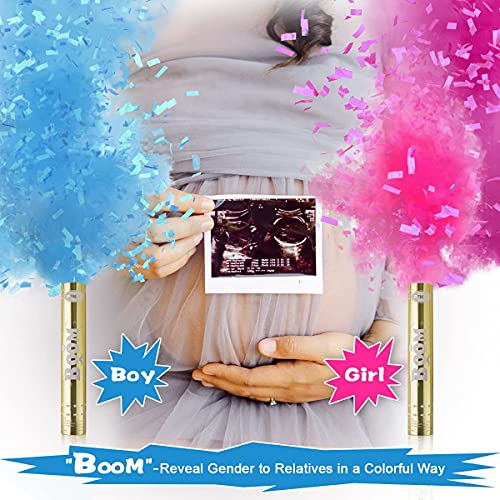 Gender Reveal Confetti Powder Cannon - 2 Blue & 2 Pink Baby Shower Poppers - Gender Reveal Party Supplies - Smoke Powder & Confetti Cannons with 4 Stickers, Mixed Confetti & Powder