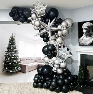 black and silver balloon garland arch kit with large starburst crown foil balloons for 25th birthday 50th anniversary new year eve decorations retirement party supplies