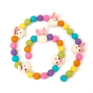 Glaciart One Felt Ball & Bunny Garland - Fun Party Decorations for Easter, Spring & Birthdays - Home Decor for Living Room, Bedroom, Baby Room - 100% Natural Wool Pom Poms with Cotton String - 9 Ft.