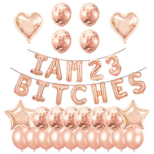 Santonila 23rd Birthday Party Set-I am 23 Bitches Funny Banner Confetti Rose Gold Balloons for Girls 23 Years Old Birthday Decorations