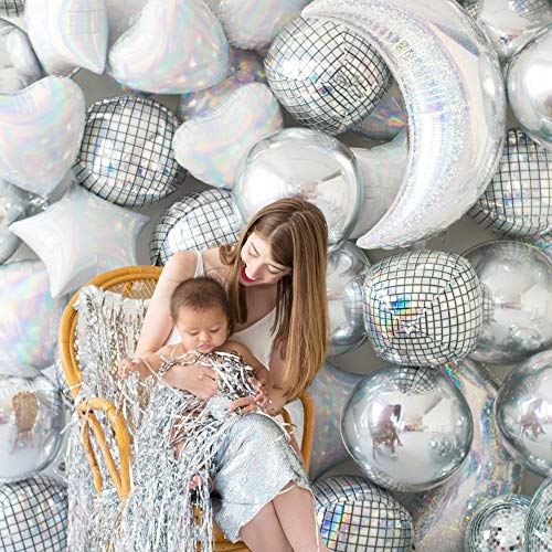 4Pcs 22inch Silver Disco Ball Balloon Party 4D Large Round Inflatable Sphere Shaped Aluminum Foil Mirror Balloon Birthday Grad Party Wedding Baby Shower Marriage Graduation Decor Supplies