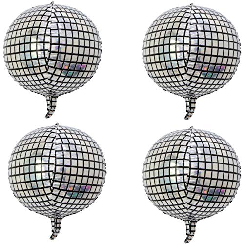 4Pcs 22inch Silver Disco Ball Balloon Party 4D Large Round Inflatable Sphere Shaped Aluminum Foil Mirror Balloon Birthday Grad Party Wedding Baby Shower Marriage Graduation Decor Supplies