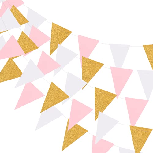 MerryNine Triangle Flag Bunting Banner, 3 Pack 30 Feet Vintage Style Pennant Banner for Wedding, Baby Shower, Event & Party Supplies 45pcs Flags (Triangle Flag - Pink White Gold Glitter)