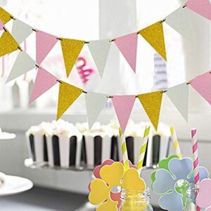 MerryNine Triangle Flag Bunting Banner, 3 Pack 30 Feet Vintage Style Pennant Banner for Wedding, Baby Shower, Event & Party Supplies 45pcs Flags (Triangle Flag - Pink White Gold Glitter)