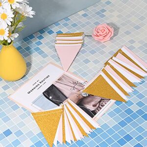 MerryNine Triangle Flag Bunting Banner, 3 Pack 30 Feet Vintage Style Pennant Banner for Wedding, Baby Shower, Event & Party Supplies 45pcs Flags (Triangle Flag - Pink White Gold Glitter)