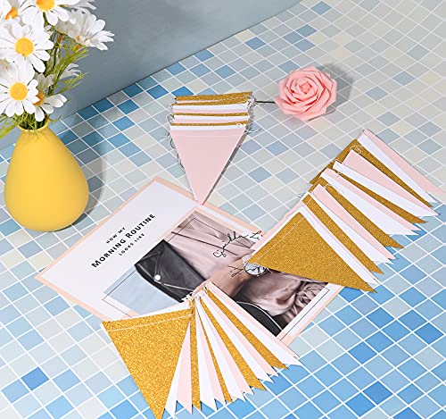 MerryNine Triangle Flag Bunting Banner, 3 Pack 30 Feet Vintage Style Pennant Banner for Wedding, Baby Shower, Event & Party Supplies 45pcs Flags (Triangle Flag - Pink White Gold Glitter)